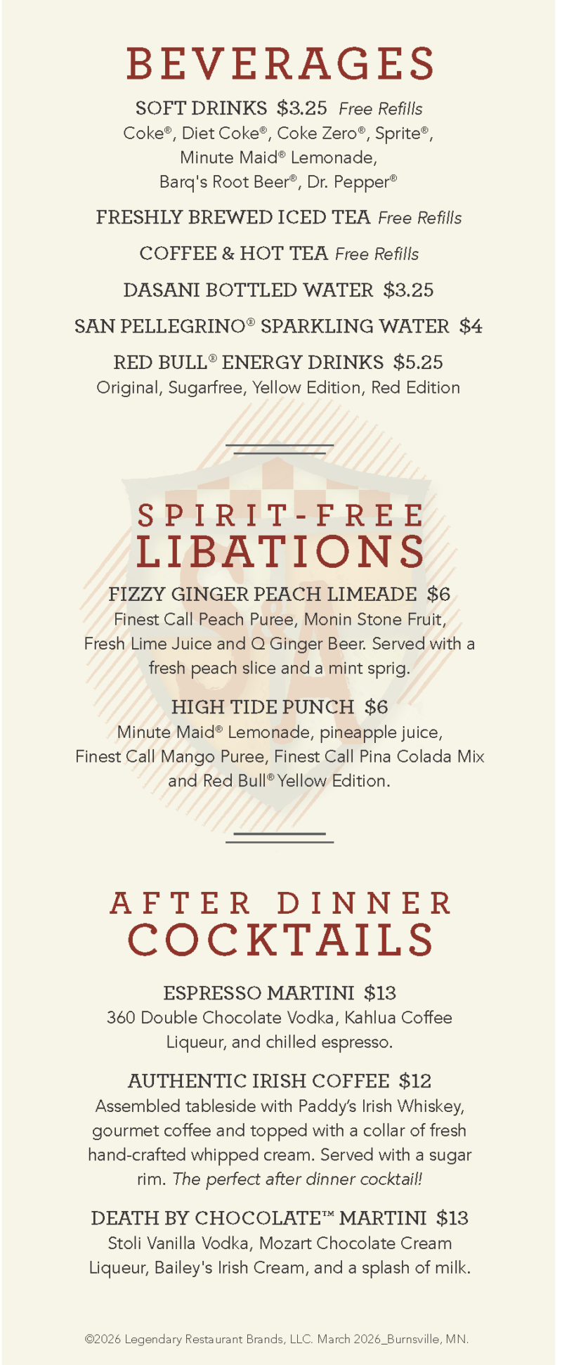 Steak and Ale | Beverage Menu